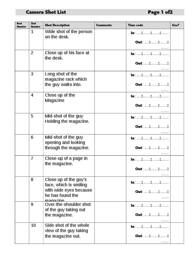 Camera Shot List | PDF