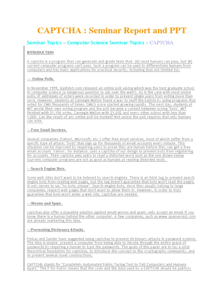 CAPTCHA: Seminar Report and PPT: Seminar Topics Computer Science ...