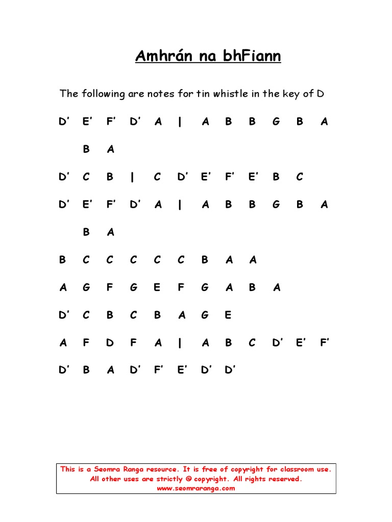 Amhrán Na Bhfiann: The Following Are Notes For Tin Whistle in The Key ...
