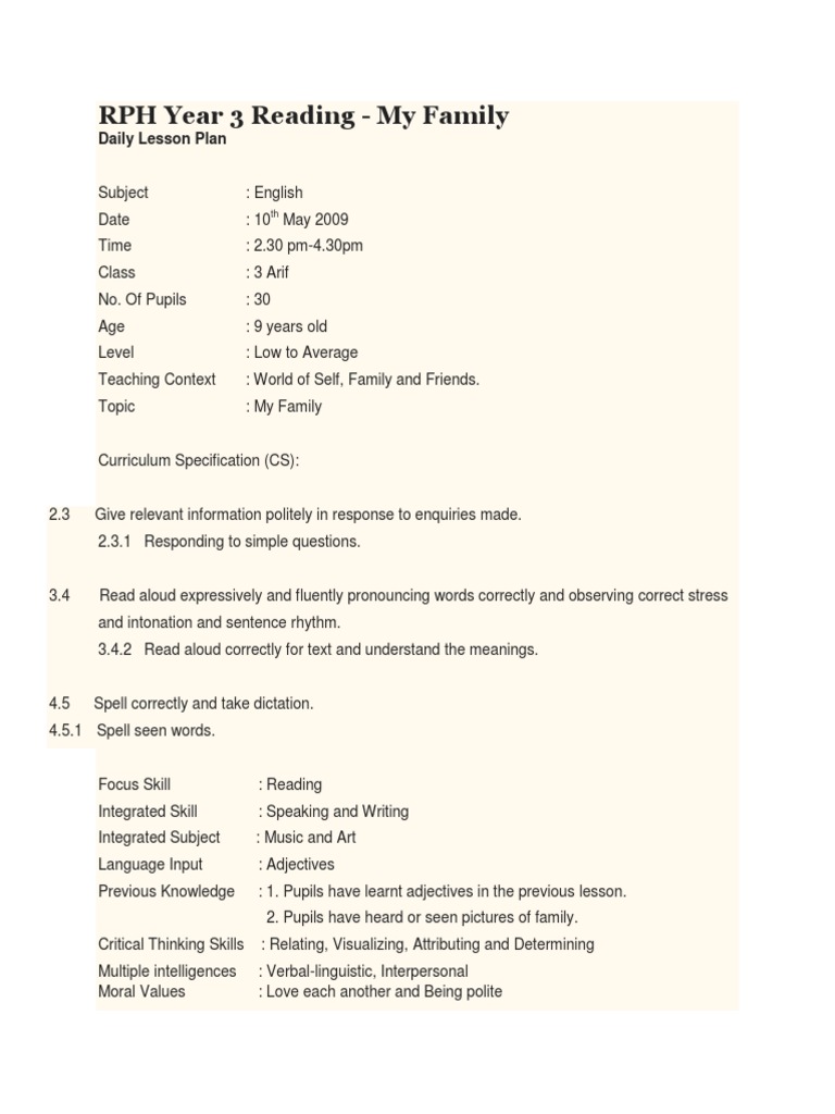 RPH Year 3 Reading My Family | PDF | Lesson Plan | Teachers