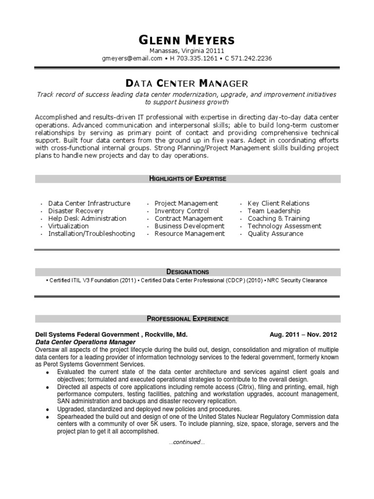 Data Center Operations Manager in Washington DC Resume Glenn Meyers ...