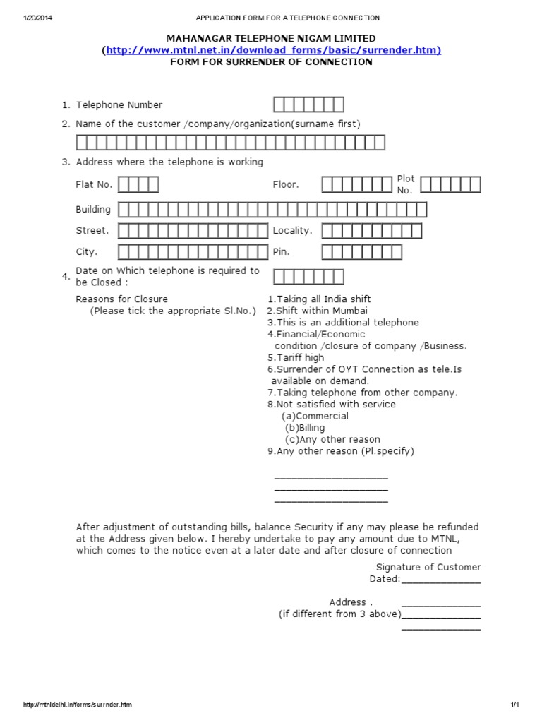 MTNL Telephone Connection Surrender Form | PDF