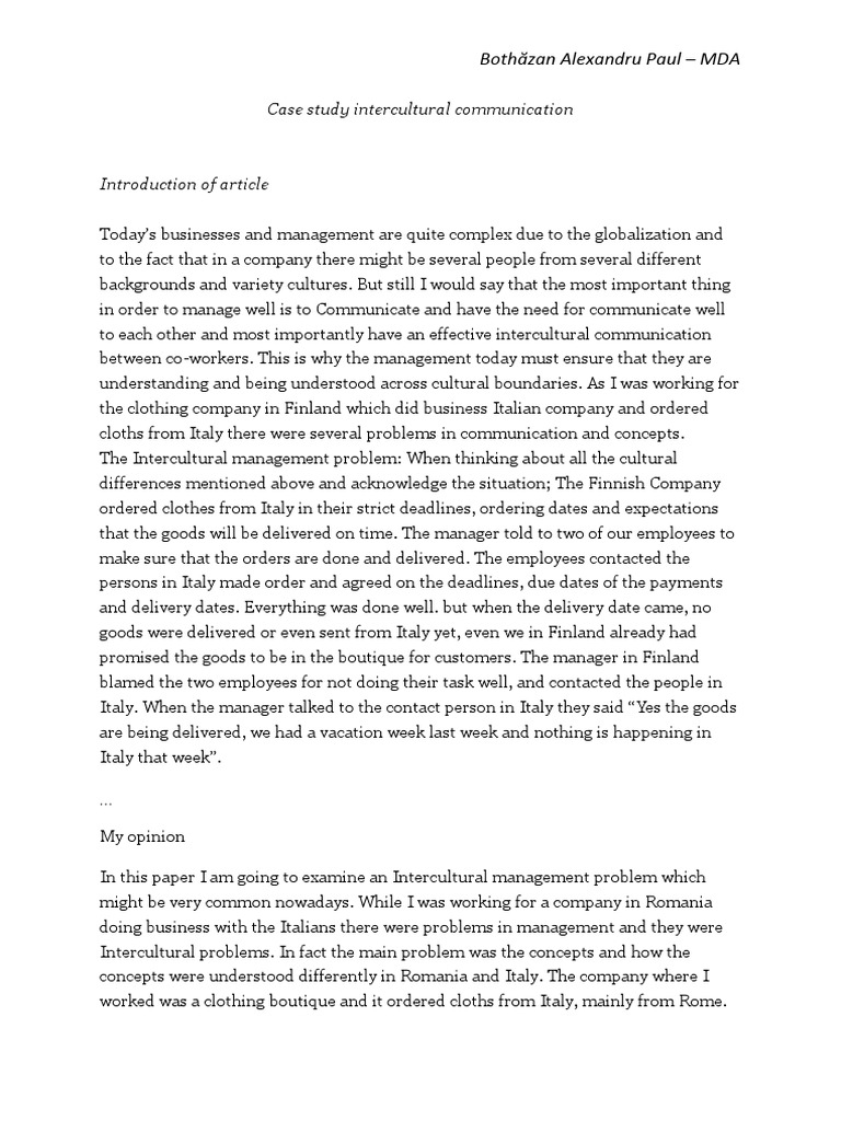 Case Study Intercultural Communication | PDF | Cross Cultural ...