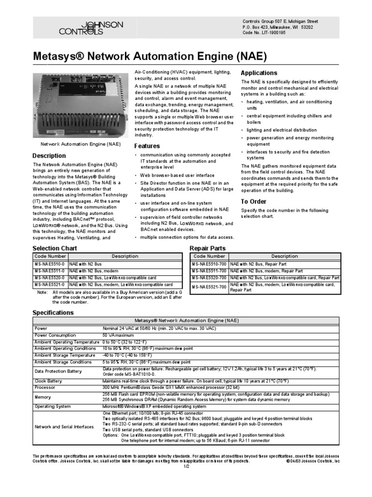 Metasys® Network Automation Engine (Nae) | PDF | Computer Network | Hvac