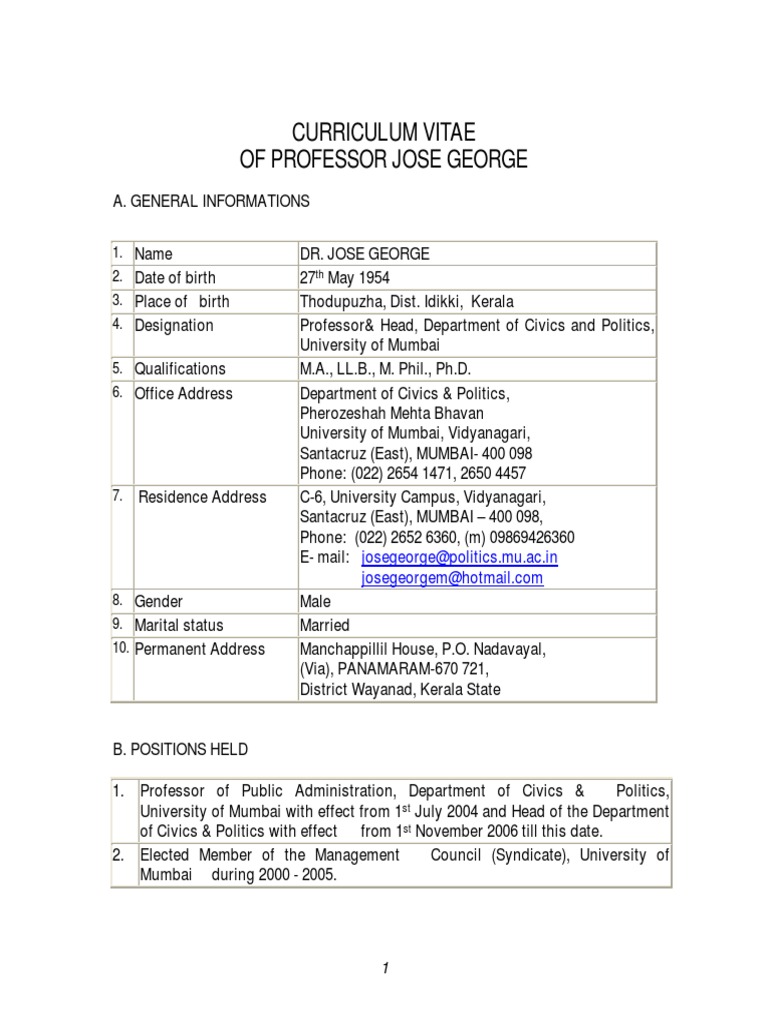 Jose George CV | PDF | Kerala | Mumbai