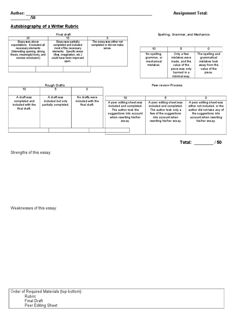Writer's Autobiography Grading Rubric | PDF | Foreign Language Studies ...