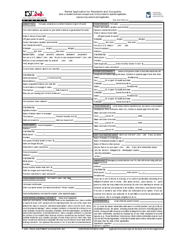 Taa Rental Application | Lease | Renting