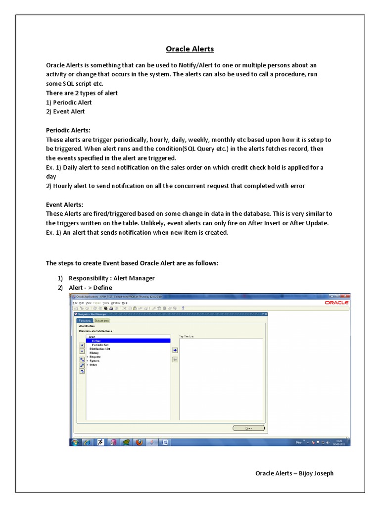 Alert Creation Demo Bijoy Joseph | PDF | Oracle Database | Sql