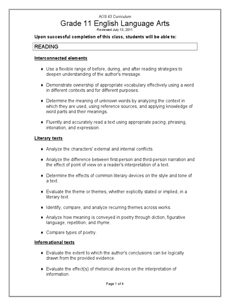 Grade 11 English Language Arts Curriculum | PDF | Cognition ...