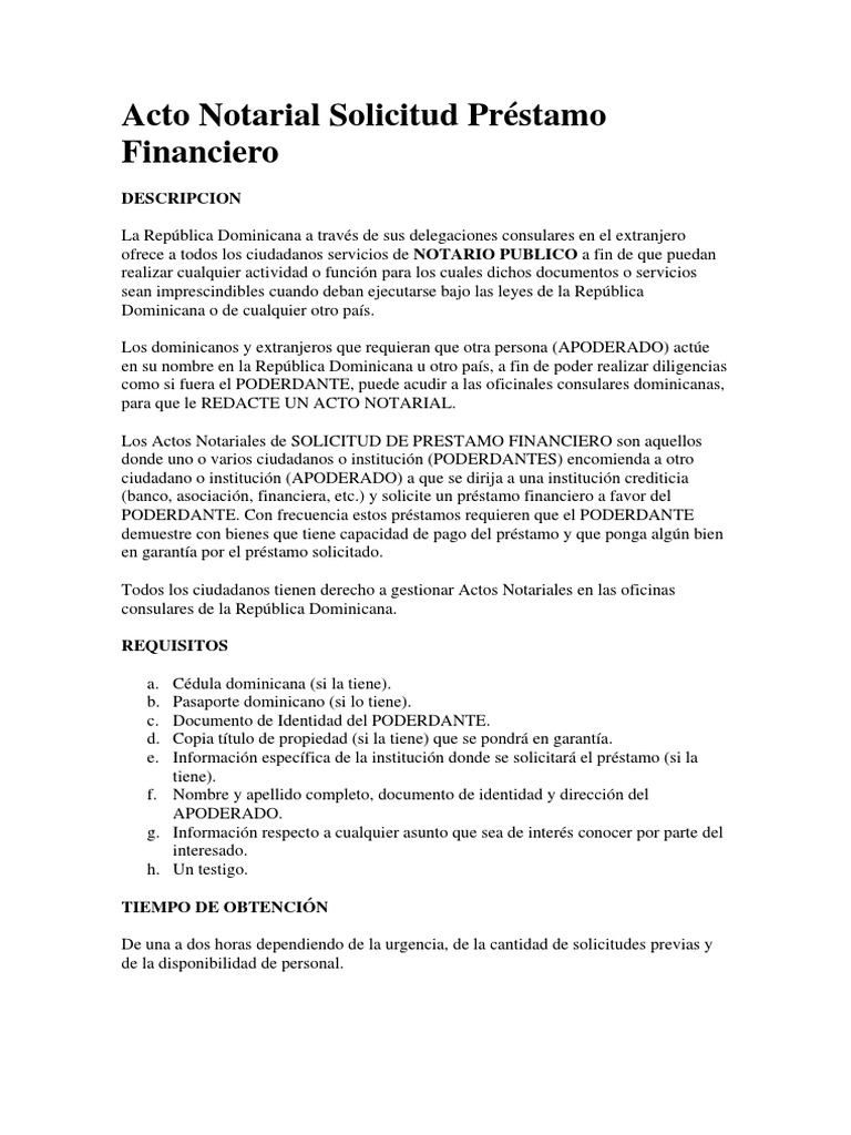 Acto Notarial Solicitud Préstamo Financiero | PDF | Cónsul (representante) | República Dominicana