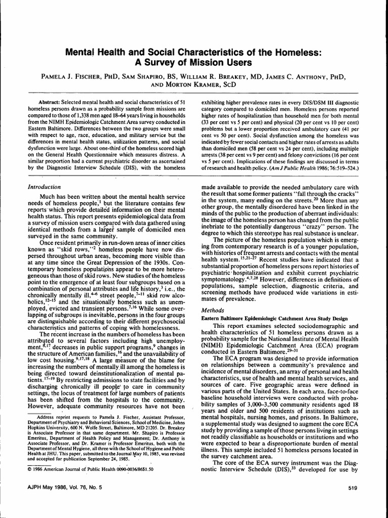 Mental Health and Social Characteristic of Homeless | PDF ...