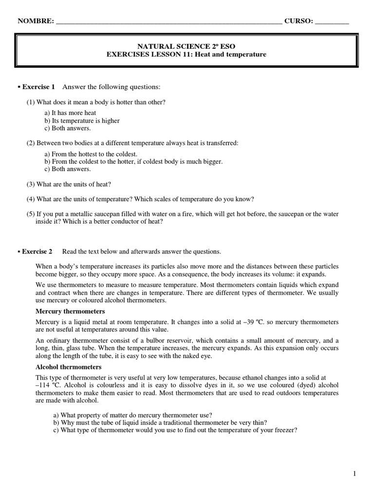 Exercises - Sheet - Lesson-11 Heat and Temperature PDF | PDF | Celsius ...