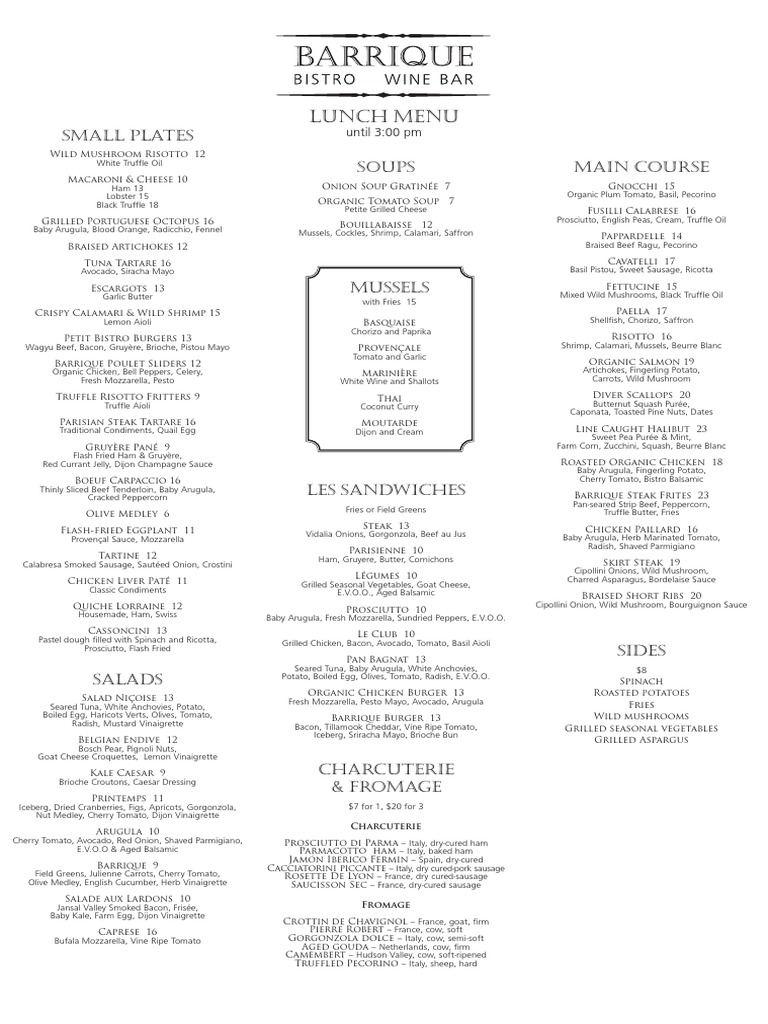 Barrique Bistro Lunch Menu | PDF | Salad | Fermented Drinks
