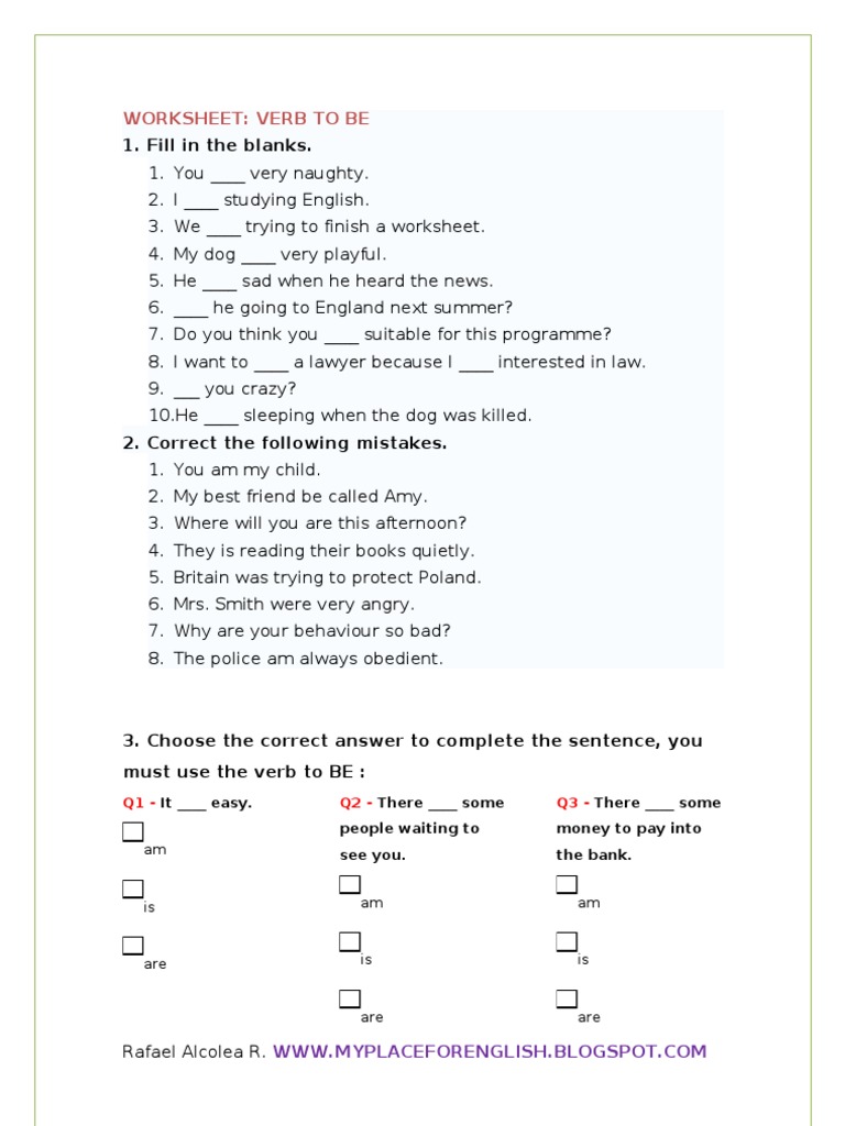 Fill in The Blanks.: Worksheet: Verb To Be | PDF