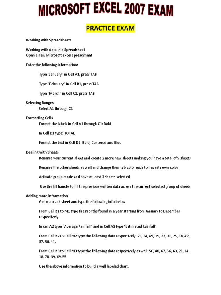 Excel Spreadsheet Practice Exam | PDF | Spreadsheet | Microsoft Excel
