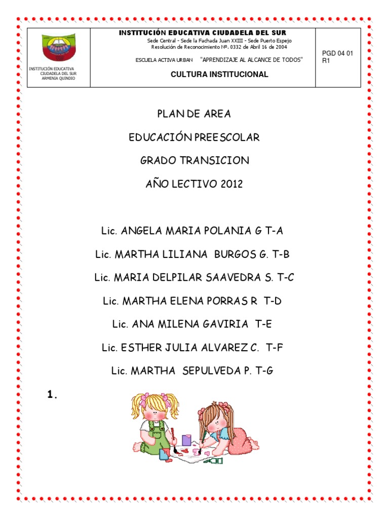 Plan Area Preescolar 2012..( Grado Transicion ).....l | Jardín de ...