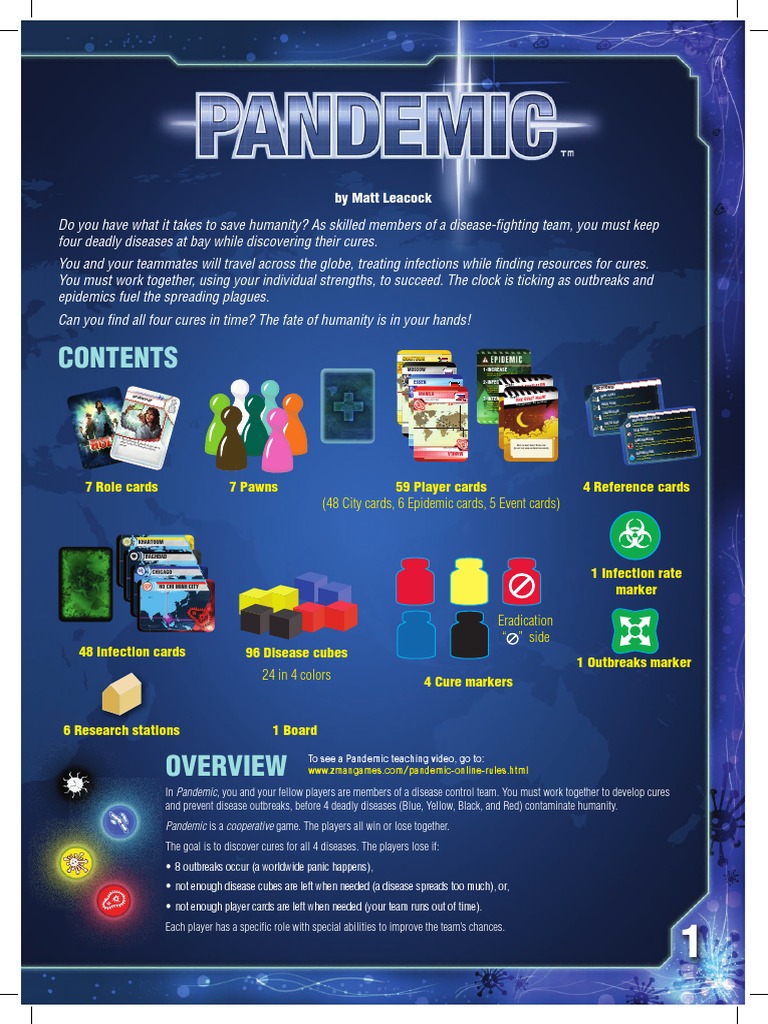 By Matt Leacock: 7 Role Cards 59 Player Cards 4 Reference Cards 7 Pawns ...