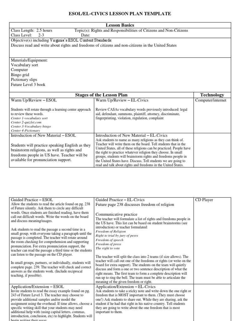 EL Civics Lesson Plan Future 2 & 3 | PDF | Lesson Plan | Reading ...