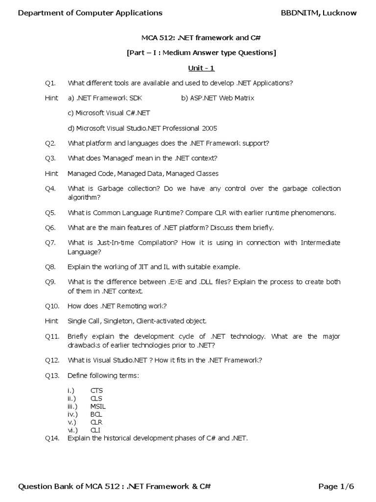 (Part - I: Medium Answer Type Questions) Unit - 1 | PDF | Component Object Model | C Sharp ...