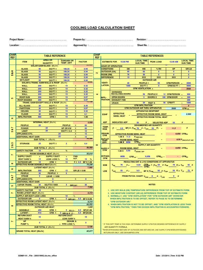 Cooling Load Calculation Sheet: Project Name: Prepare By: Revision ...