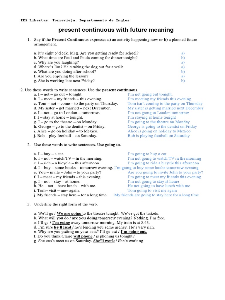 Present Continuous With Future Meaning: IES Libertas. Torrevieja ...