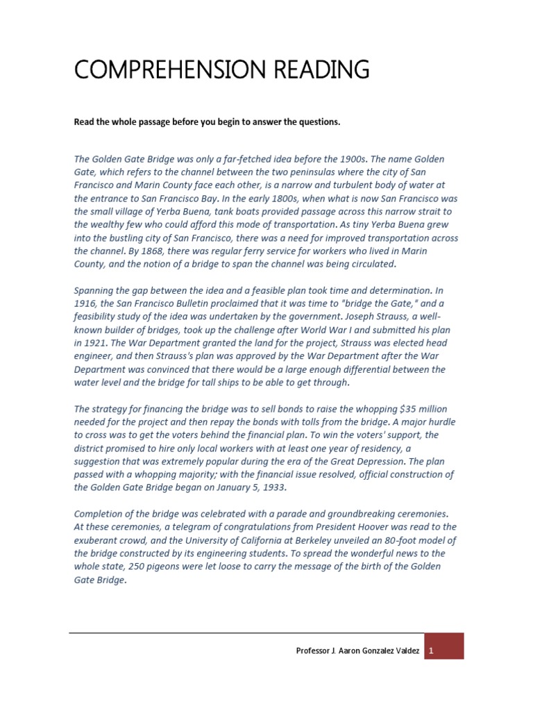 Golden Gate - Comprehension Reading | PDF | San Francisco | The United ...