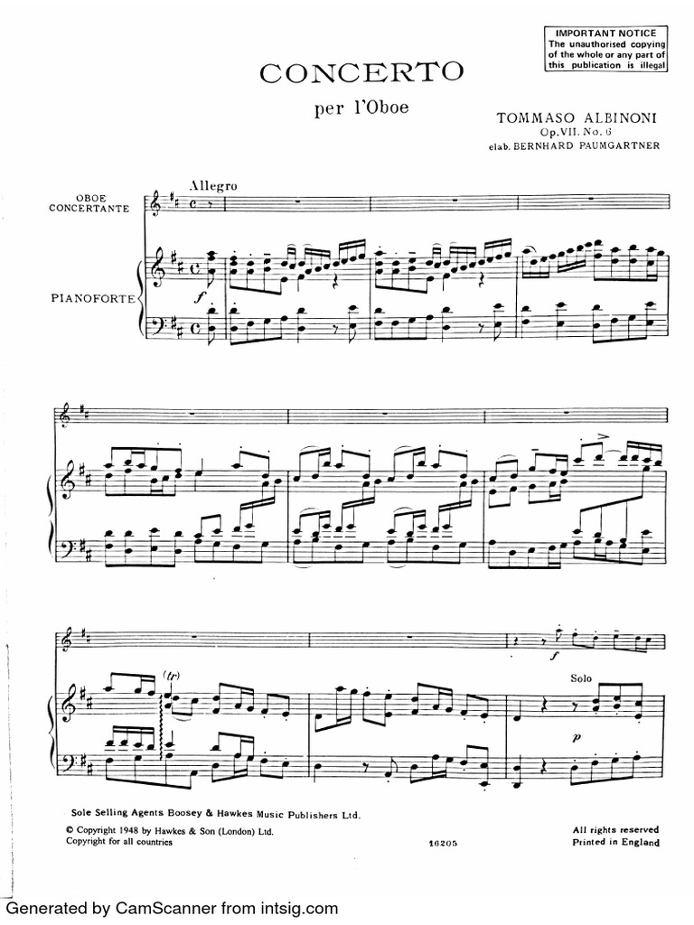 Albinoni Oboe Concerto Op 7 No.6 - Piano | PDF