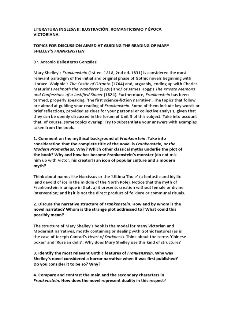 Frankenstein - Topics For Discussion - For Students | PDF ...