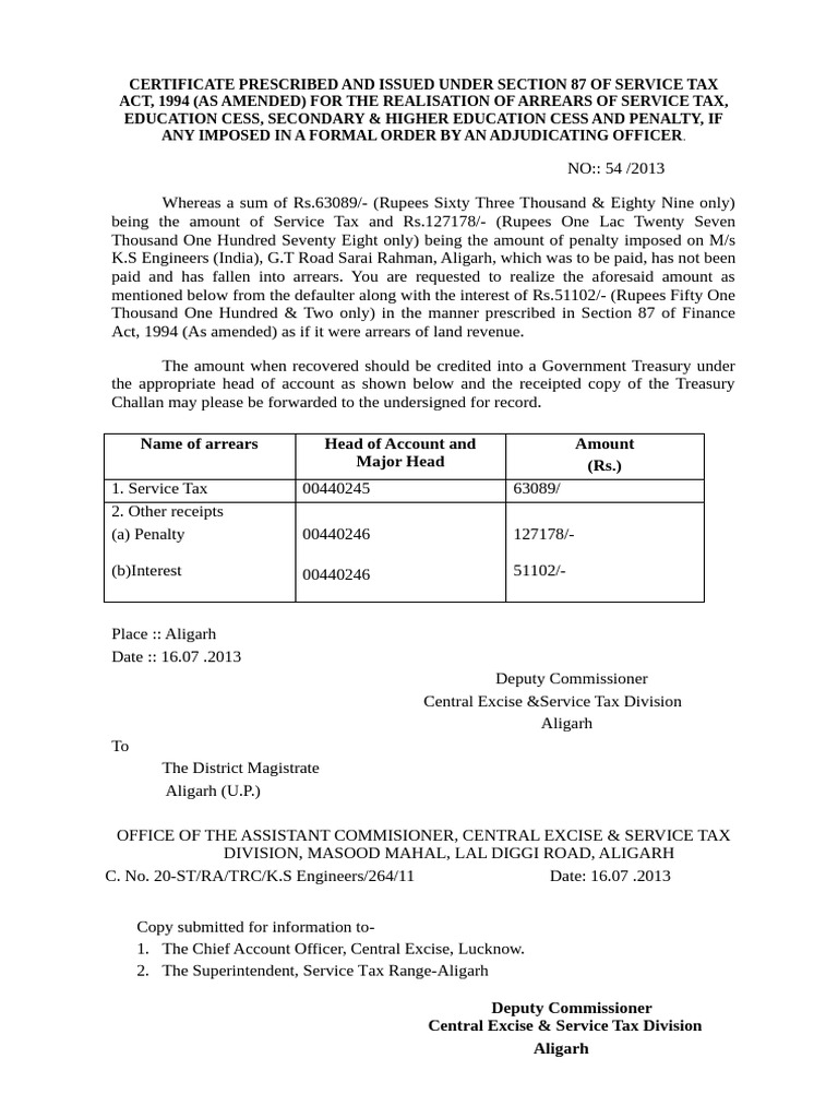 Service Tax Arrears Recovery Certificate | PDF | Economy Of India ...