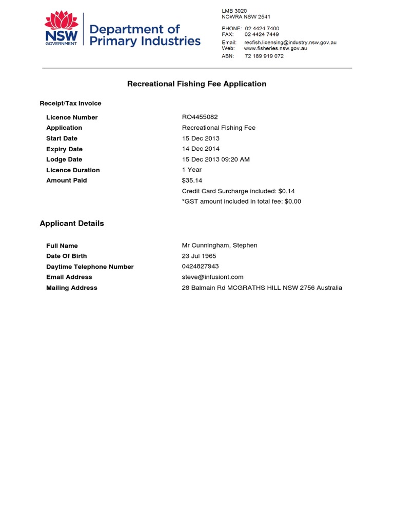 Recreational Fishing Licence Receipt | PDF