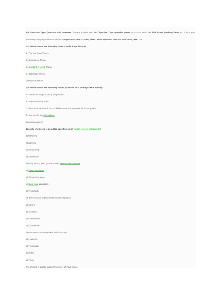 HR Objective Type Questions & Answers | PDF | Human Resource Management ...