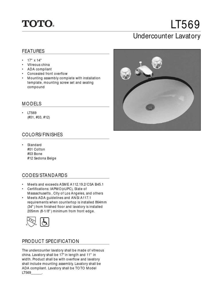TOTO LT569 Undercounter Lavatory Specs | PDF