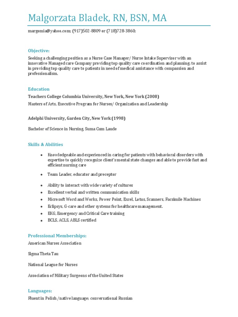 Nurse Instructor Intake Supervisor Patient Care Manager in NYC Resume ...