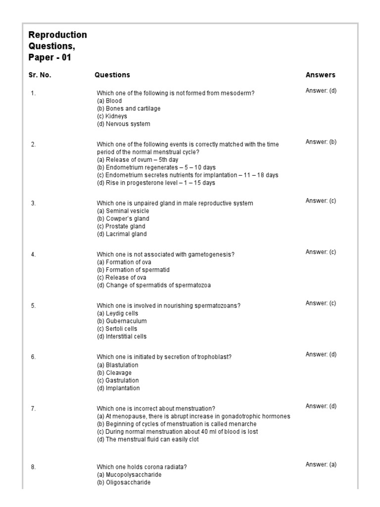 Reproduction - Question Paper 01 | PDF | Luteinizing Hormone ...
