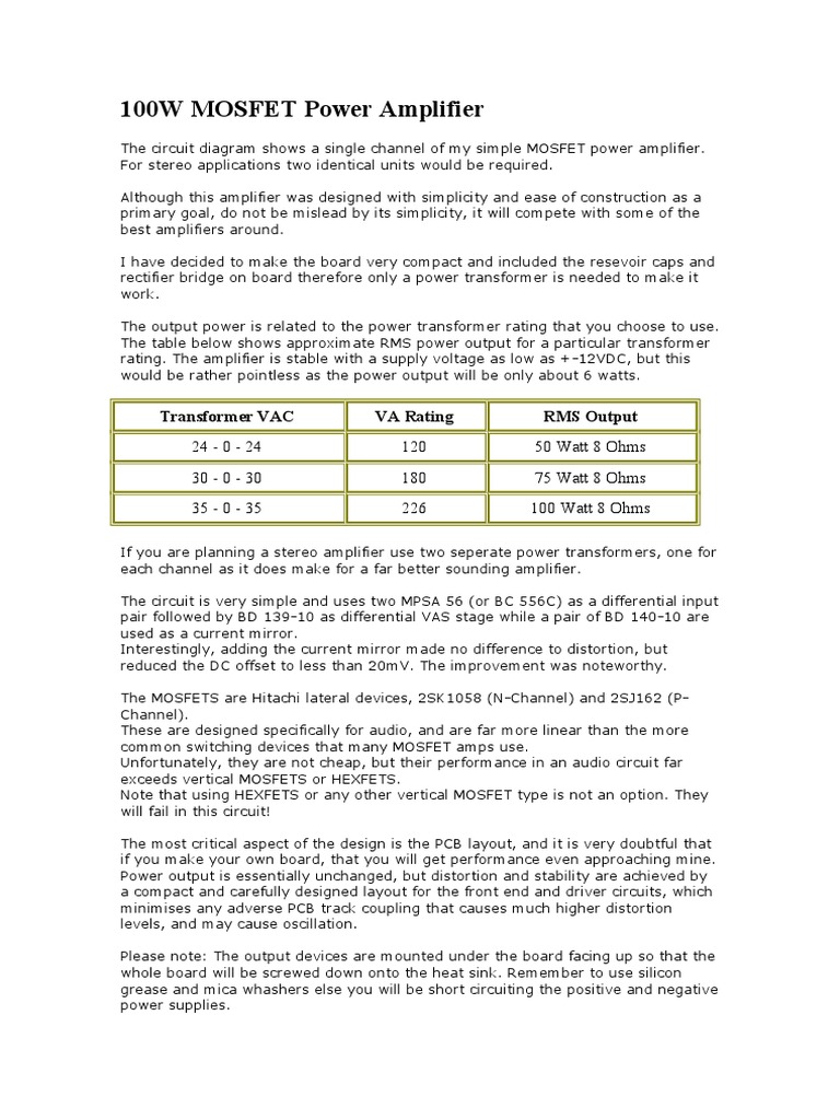 100W MOSFET Detalles | Download Free PDF | Amplifier | Mosfet