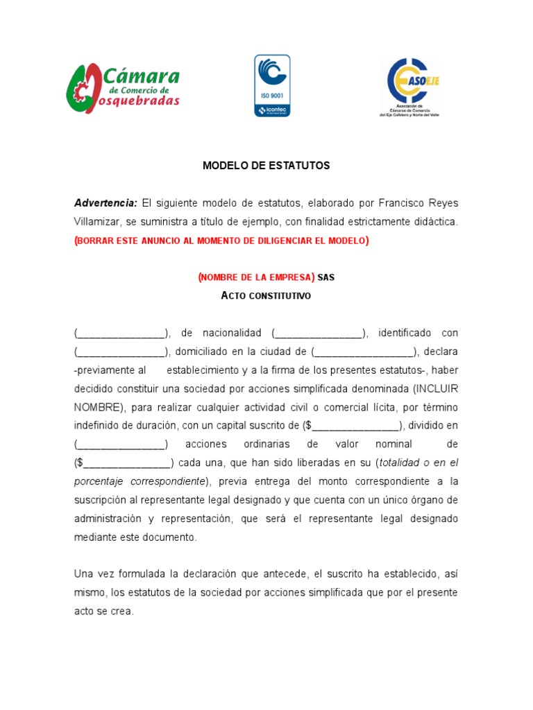 Modelo Ejemplo de Estatutos Sociedad Por Acciones Simplificada SAS | PDF