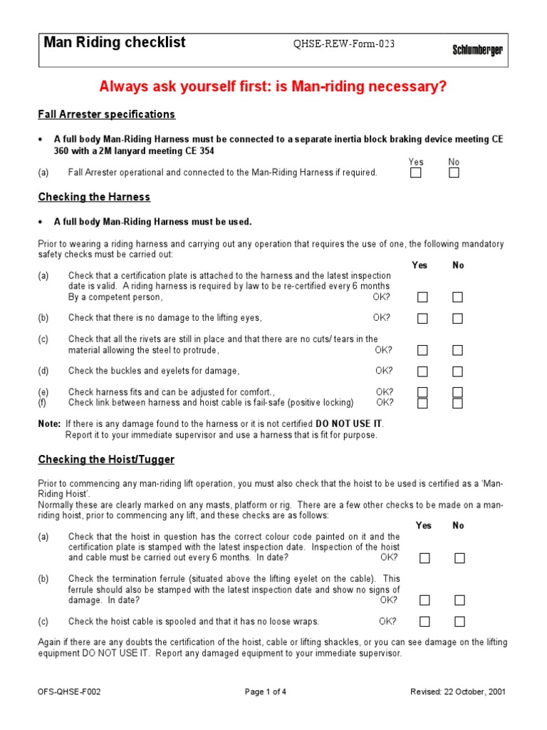 WVT QHSE REW Form 023 Man - Riding - Checklist | PDF | Tools | Industries