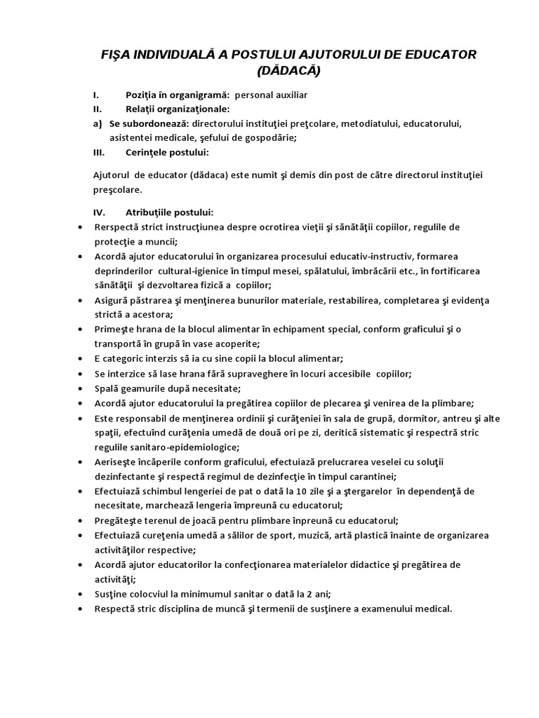 Fişa Individuală A Postului Ajutorului de Educator | PDF