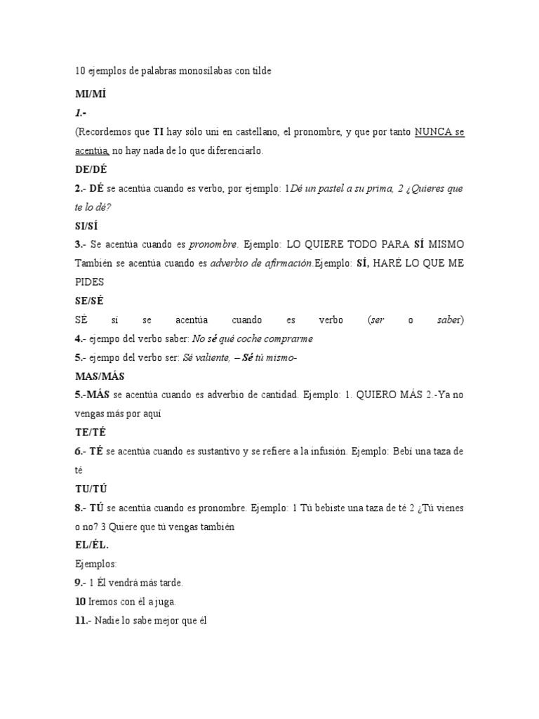 10 Ejemplos de Palabras Monosílabas Con Tilde | PDF
