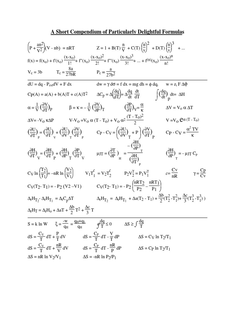 Physical Chemistry Formula Sheet