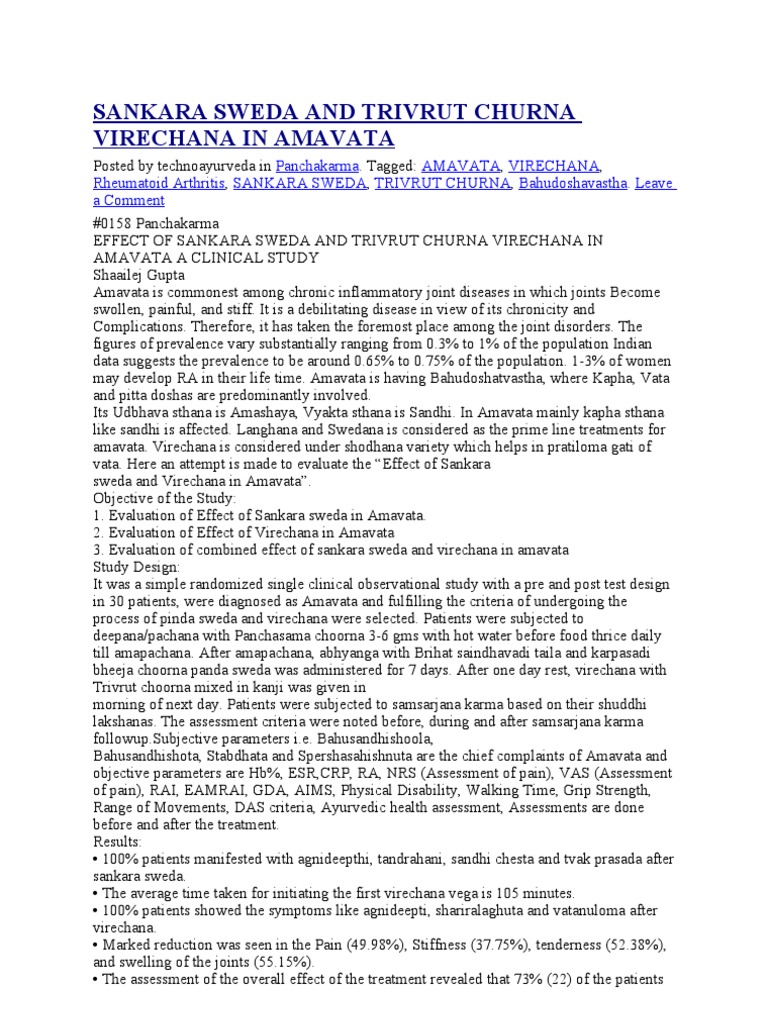 Sankara Sweda and Trivrut Churna Virechana in | PDF | Arthritis | Ayurveda