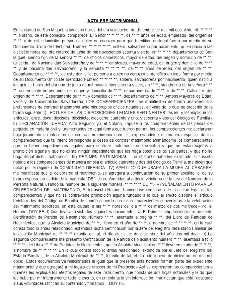 Acta Prematrimonial | PDF | Derecho Civil (Common Law) | Instituciones sociales