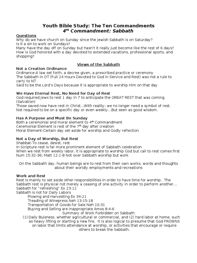 10 Commandments Youth Bible Study "Honor The Sabath" | PDF | Shabbat ...