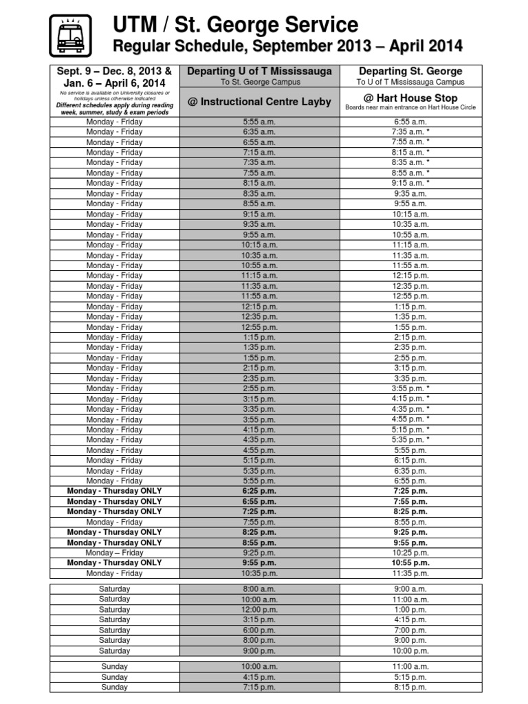 UTM Shuttle Bus 2013-2014 Regular Schedule | PDF | Public Transport | Bus