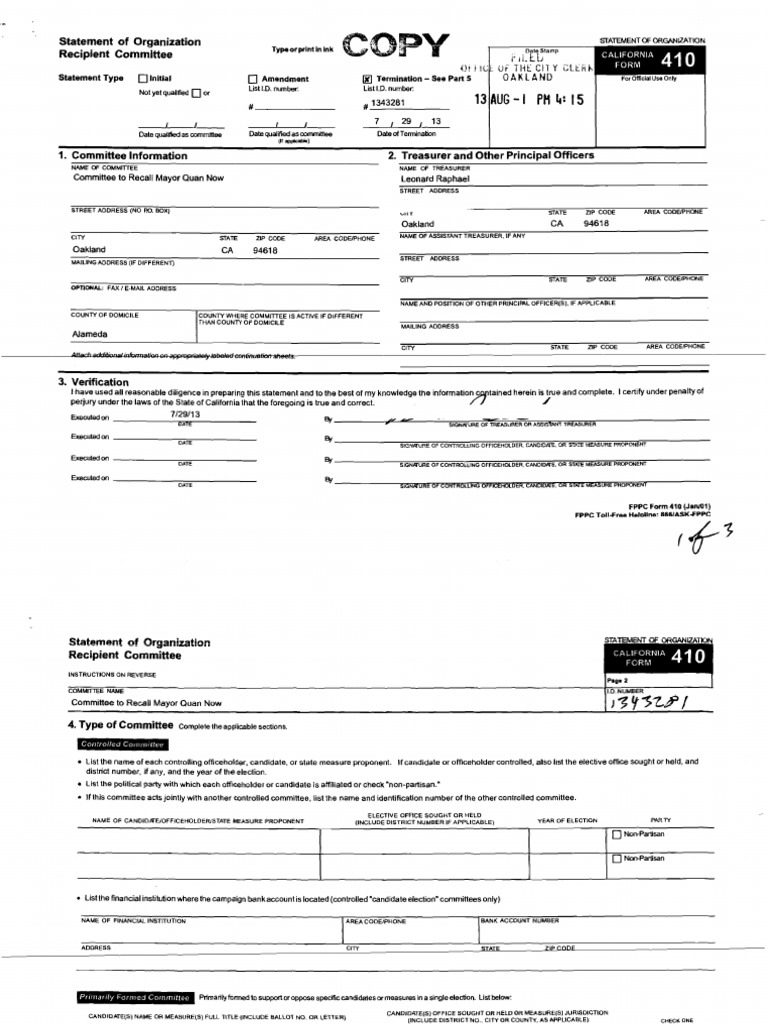 Statement of Organization for Recall Committee | PDF | Campaign Finance ...