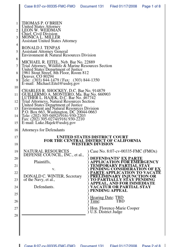 EX PARTE APPLICATION To Stay Pending Consideration of Ex Parte Application To Vacate Preliminary ...