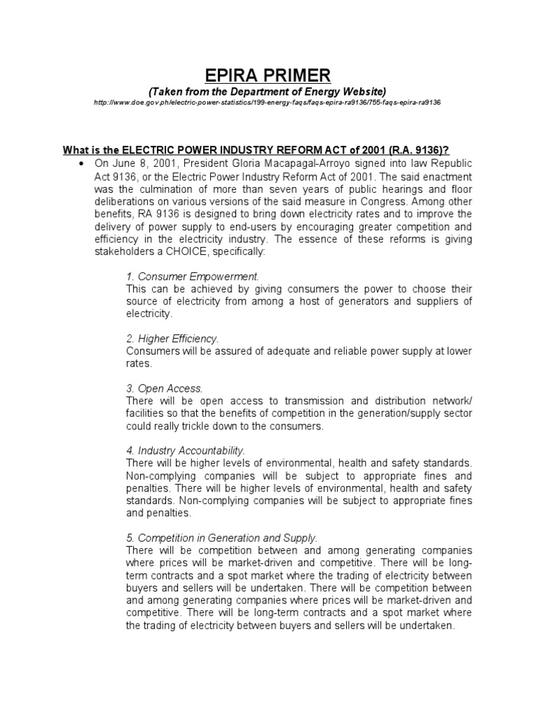 EPIRA Law Overview and Impacts | PDF | Physical Universe | Industries