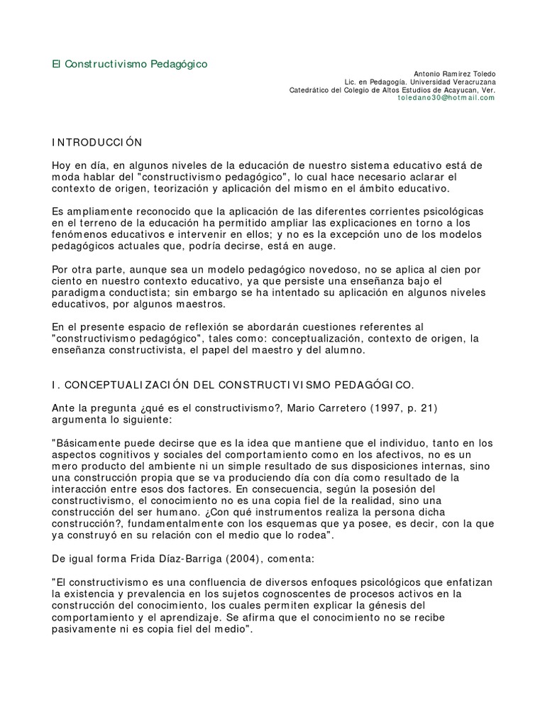 El Constructivismo Pedagógico PDF | PDF