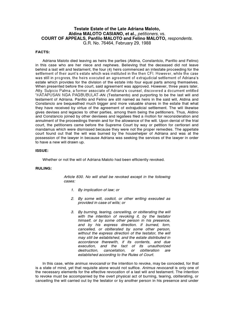 Testate Estate of The Late Adriana Maloto | PDF | Will And Testament ...