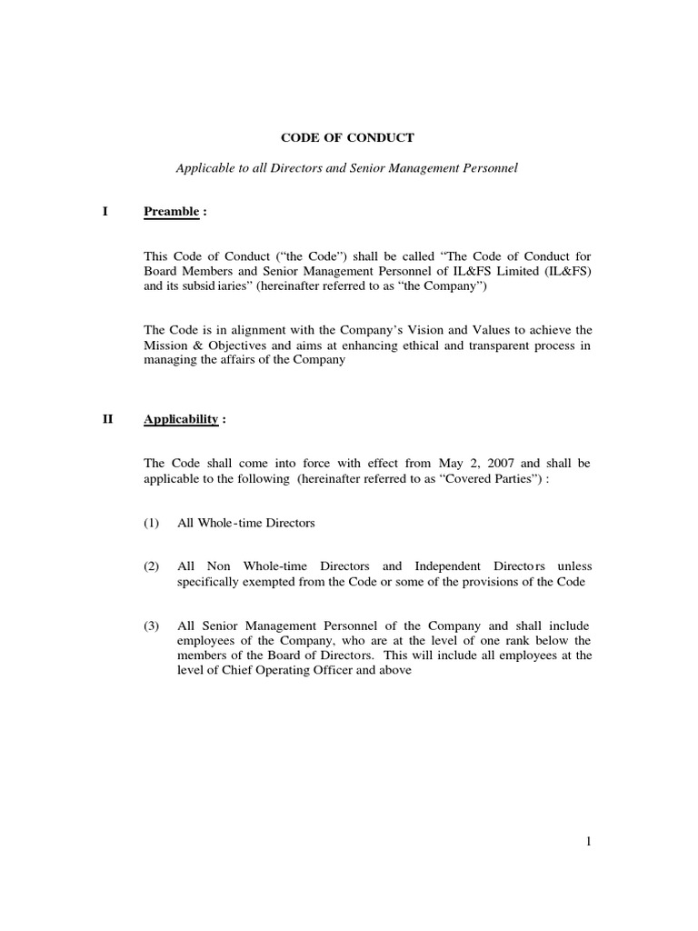 Code of Conduct: Applicable To All Directors and Senior Management ...
